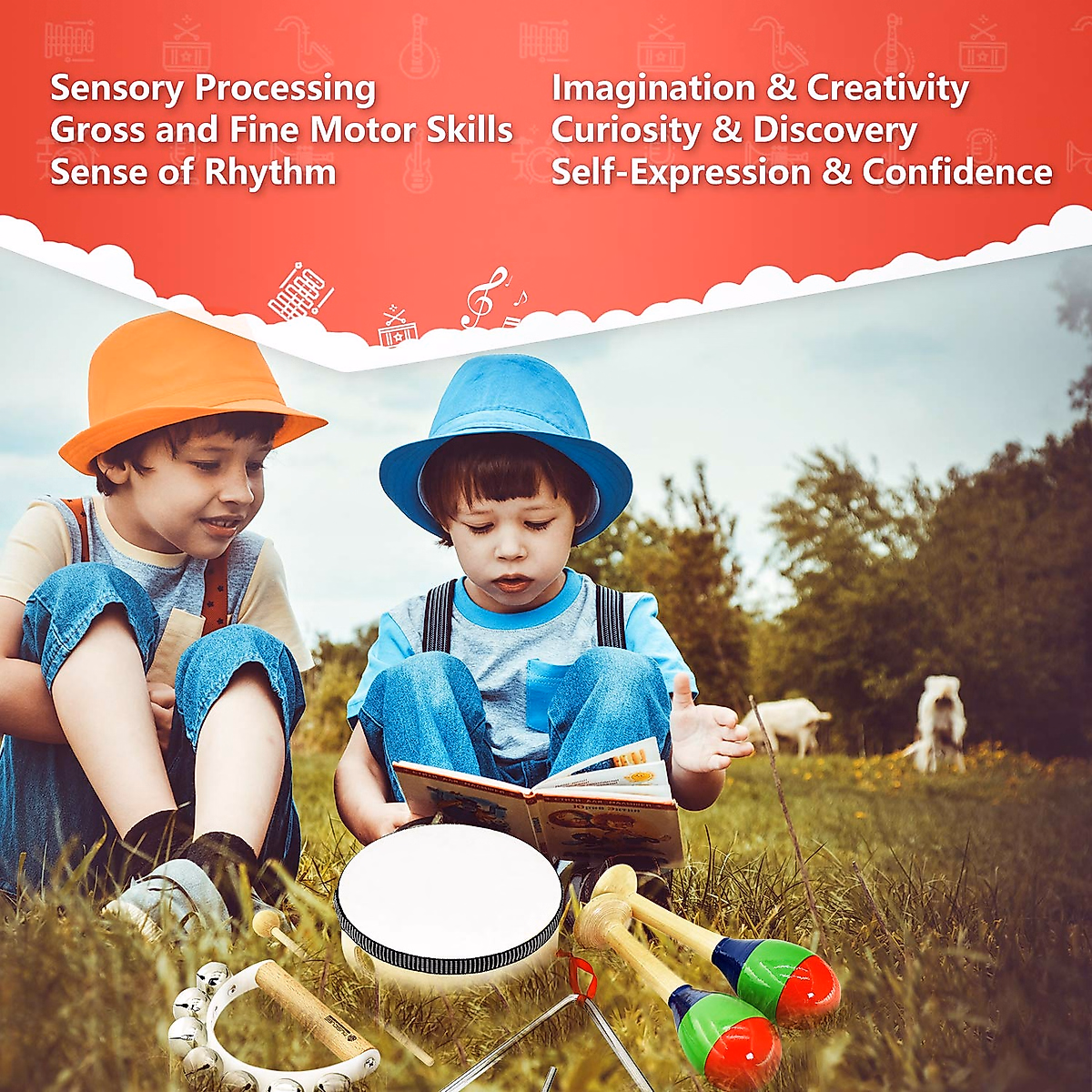 MUSICUBE 7 Pcs Musical Instrument Toys Set for Kids Wooden Percussion Instrument with Hand Drum, Maracas, Triangles, Hand Bell Educational Instrument for Toddler Birthday Gift for Boys Girls Aged 3+