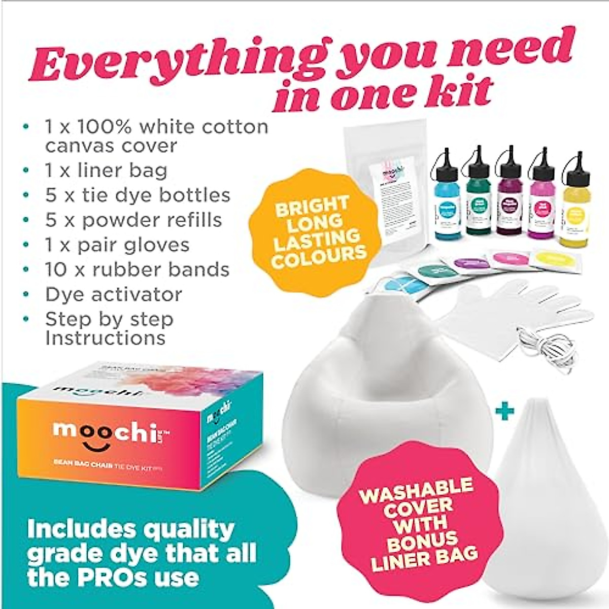 Bean Bag Chair Cover with Tie Dye Kit & Liner Bag - 3FT Bean Bag Chair Cover - Bean Bag Covers Only - Bean Bag Storage - Empty Bean Bag - Bean Bag Chair No Filler - Washable