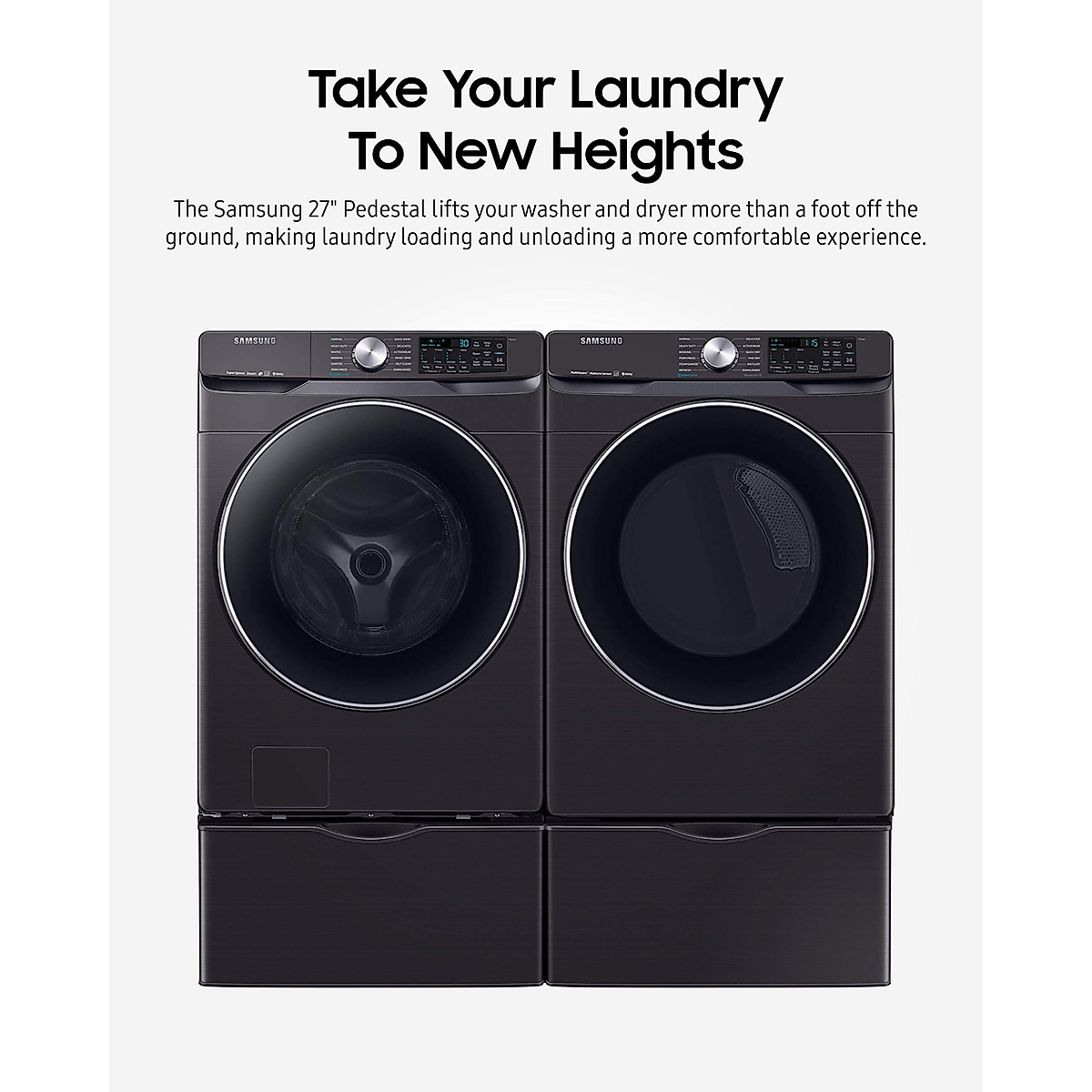 SAMSUNG 27-Inch Washer Dryer Pedestal Stand w/ Pull Out Laundry Storage Drawer, Stainless Steel, WE402NV/A3, Brushed Black