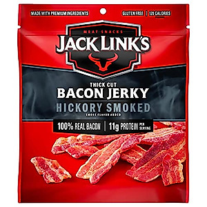 Jack Link's Bacon Jerky, Hickory Smoked, 2.5 oz. Bag - Flavorful Ready to Eat Meat Snack with 11g of Protein, Made with 100% Thick Cut, Real Bacon - Trans Fat Free (Packaging May Vary)