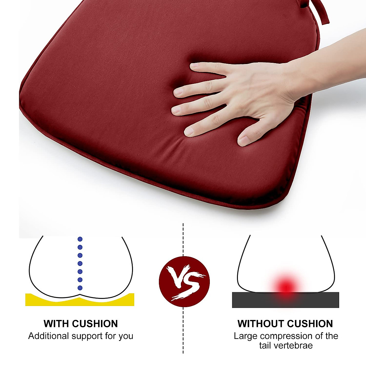 LOVTEX Chair Cushions for Dining Chairs 4 Pack - 17"x16"x1.5" Kitchen Chair Cushions - Dining Chair Pads with Ties, Red