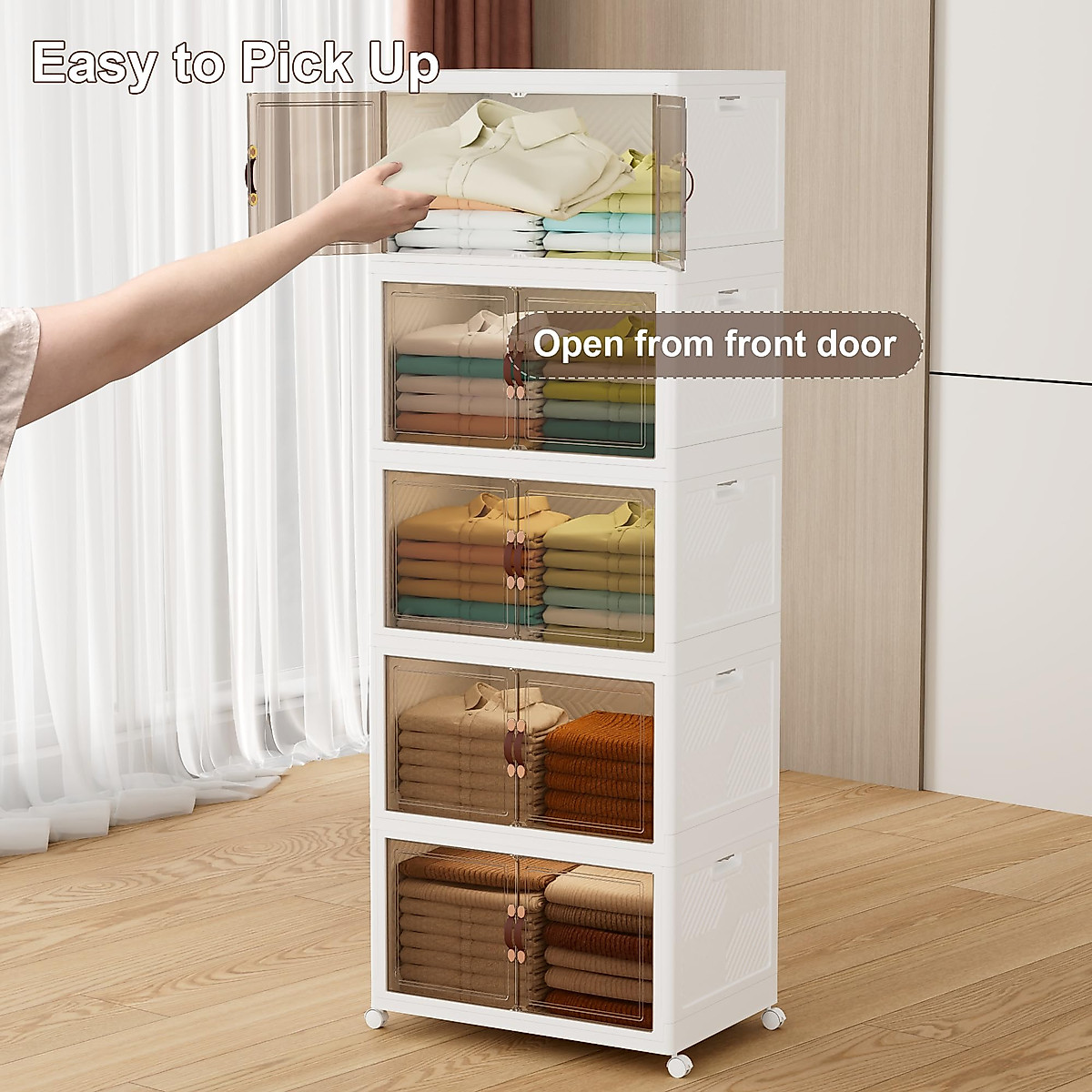 JOYMOOP Folding Storage Bins Organizer, 49.6 Quart Collapsible Storage Box with Wheels and Door, Stackble Plastic Storage Container for Clothing, Books and Sundries (XL-12.4Gal-5Tiers, White)