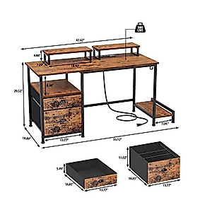 Furologee Computer Desk with Drawer and Power Outlets, 47" Office Desk with 2 Monitor Stands and Fabric File Cabinet, Writing Gaming Table with Shelves and 2 Hooks for Home Office, Rustic Brown