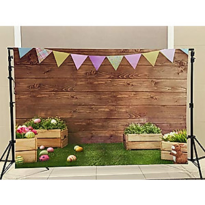 Easter Backdrops for Photography Fabric Backdrop Rustic Grass Ground Colorful Flag Backdrops for Children,Studio,Party Brown Wood Wall Photo Studio Shooting 7x5ft