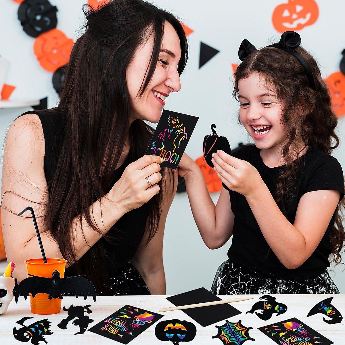 OuMuaMua 77pcs Halloween Scratch Art for Kids - Rainbow Scratch Paper Arts and Crafts Kit, Pumpkin Ghost Zombie Witch Scratch Art Hanging Ornaments for Halloween Birthday Kids Activities Gifts