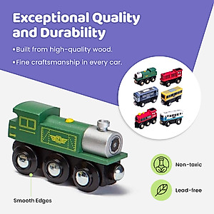 maxim enterprise, inc. Wooden Train Engines and Cars, Rolling Locomotive Engines with Magnetic Links for Pulling Wooden Rail Cars, Compatible with Major Brand Wooden Railway, 6 Pcs Set