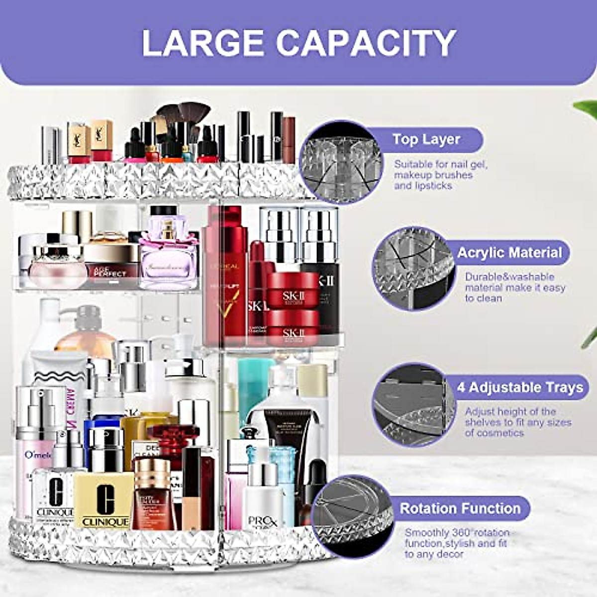 360 Rotating Makeup Organizer Large Capacity Cosmetics Organizer Beauty Organizer Clear Cosmetic Storage Display Case with 8 Layers and Detachable Shelves for Bedroom Dresser