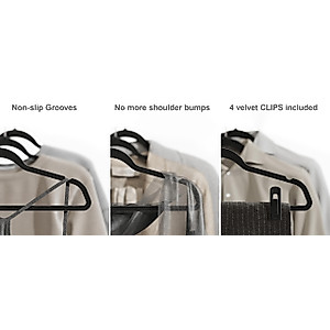 Velvet Hangers 26 Pack with Clips - Non Slip Black Felt Hangers - Space Saving Clothes Hangers for Coat, Shirt, Pants & Dress - Slim Heavy Duty Hangers for Clothing