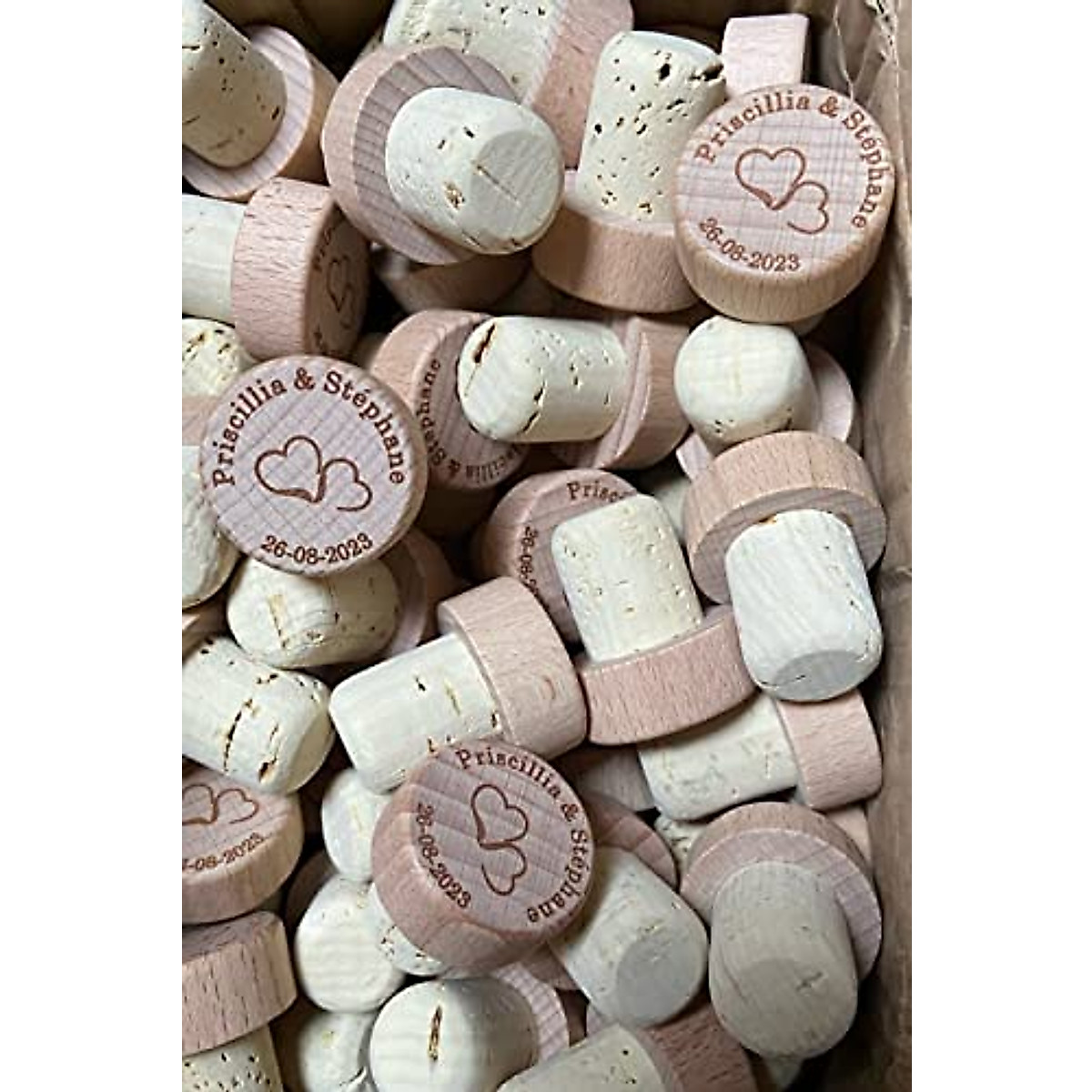 Personalized Wine Bottle Stopper,Customized Love Shape Custom Anniversary Name Date Engraved Wooden Cork Bottle Stopper Wedding Favors, wood engraved Wedding Gift,custom,10PCS