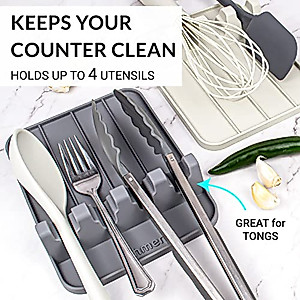 UHMER Silicone Utensil Rest with Drip Pad, Large Spoon Rest for Stove Top, Kitchen Spoon Holder for Multiple Utensils, BPA-Free & Heat Resistant Spatula Holder (Dark Gray)