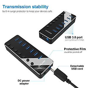 USB 3.0 Hub, RSHTECH 7 Port Powered USB Hub Expander Aluminum USB 3.0 Data Port hub with Universal 5V AC Adapter and Individual On/Off Switches USB Splitter for Laptop and PC(Black)