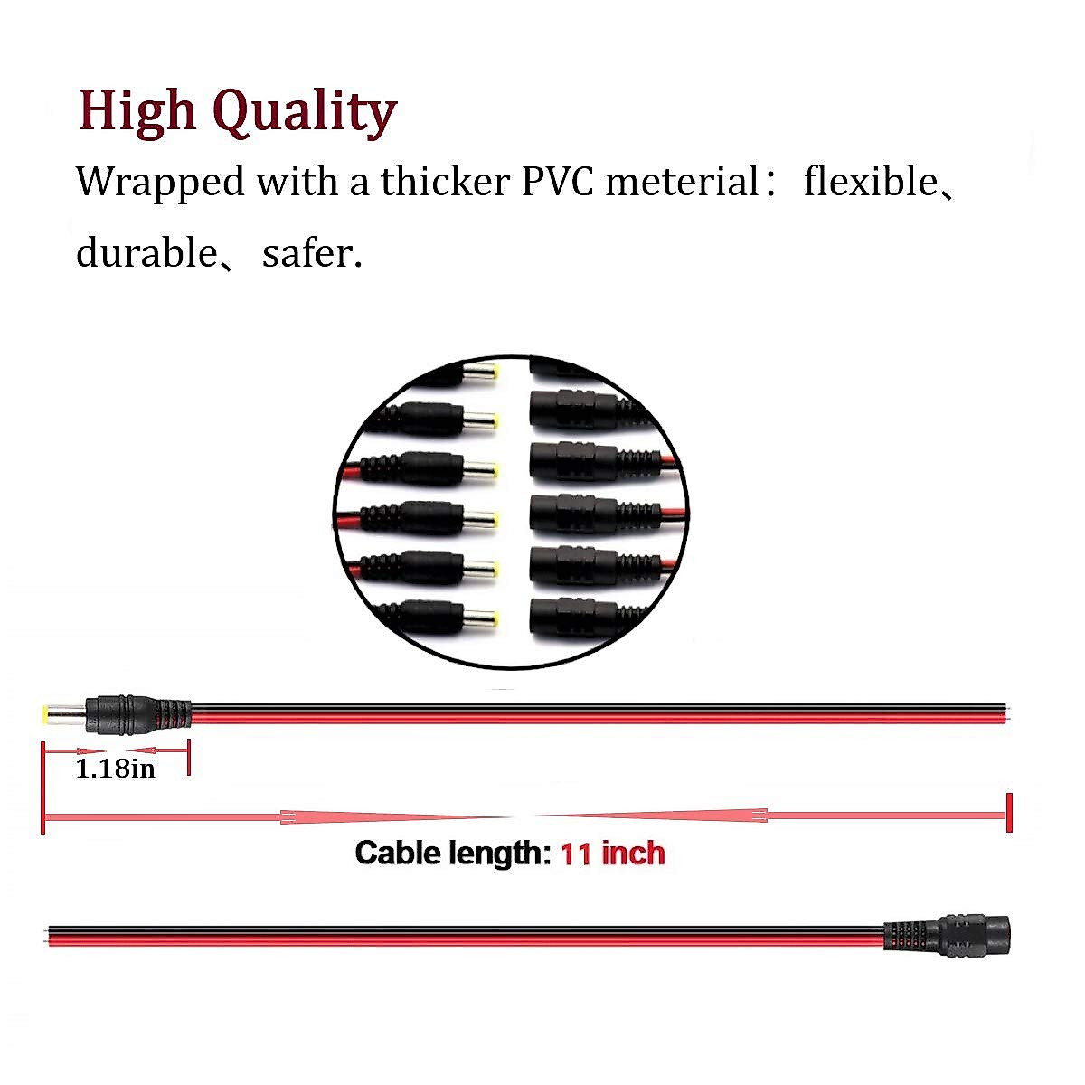 DaFuRui DC Pigtail，18 Pairs 12V 2A DC Male Female Power Pigtail Cable Connector Wire 2.1x5.5mm DC Power Connectors for CCTV Security Camera and 12V Power Supply Adapter