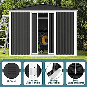 Crownland Outdoor Vented Backyard Garden Storage Shed 6 x 8 Feet Tool House with Sliding Door Outdoor Lawn Steel Roof Sheds (Gray)