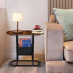 graffitimaster Oval Narrow Side Table with Magazine Sling Holder Pouch, Slim End Table with Metal Frame for Living Room Bedside Bedroom Couch Small Spaces, Retro Wood Grain Finish