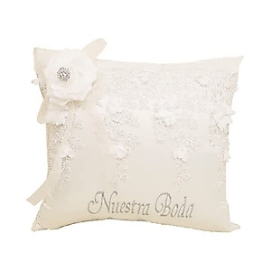 Set of 2 Ivory Wedding Kneeling Pillows, Embroidered Nuestra Boda Kneeling Pillows, Satin and Lace Kneeling Pillows, Ivory/Silver, 2 Count (Pack of 1)