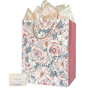 AMROSE Large 13'' Gift Bag withTissue Paper and Card, Recyclable Paper Gift Bag for Birthdays, Thanksgiving, Christmas, Mother's Day, Wedding, Engagement, Parties and More,Watercolor Floral