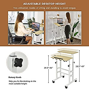 Tangkula Mobile Standing Desk Stand Up Desk, Height Adjustable Computer Desk with Standing & Seating 2 Modes, Tilting Tabletop & Flexible Wheels, Rolling Laptop Cart Sit Stand Desk