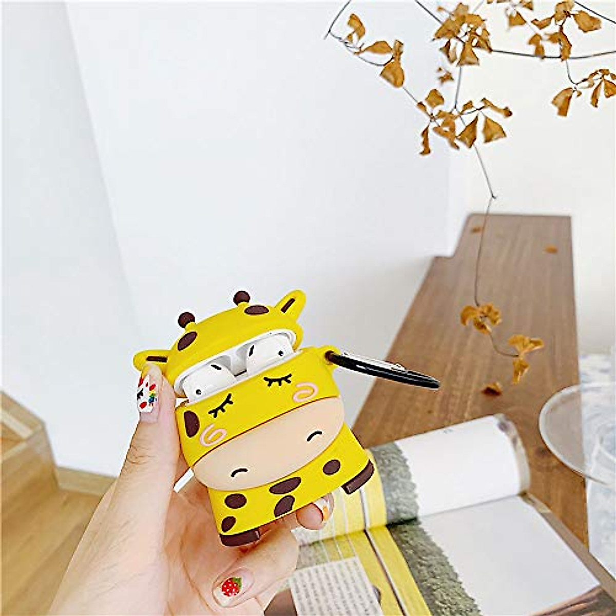 TOUBN Wireless Charging Earphone Case, Cute Cartoon Giraffe Design Soft Silicone Full Body Protective Cover for Airpods 1 & 2, Airpods Protector with Hook (Giraffe)