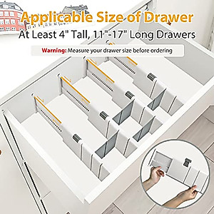 JONYJ Drawer Dividers Organizer 4 Pack, Adjustable Separators with 8 Inserts 4" High Expandable from 11-17" for Bedroom, Bathroom, Closet, Clothing, Office, Kitchen, Strong Secure Hold, White