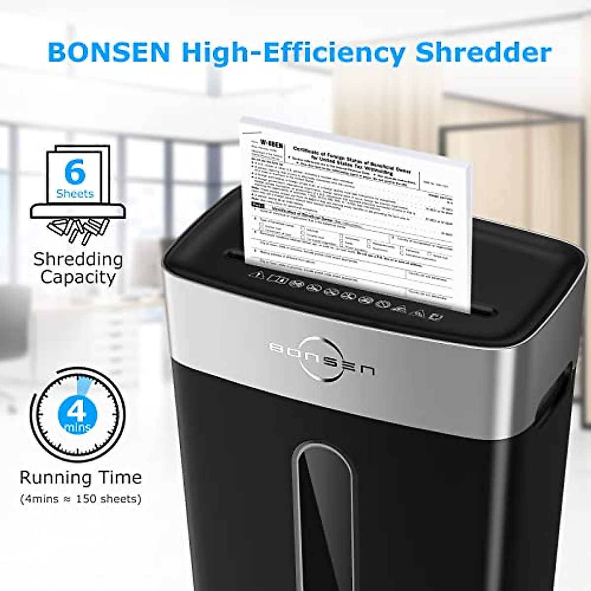 BONSEN High Security Micro-Cut Paper Shredder, 6-Sheet P-4 Home Office Shredder, Paper/Credit Cards/Staples/Clips Small Shredder with 4-Gallon Big Wastebasket, Black (S3101-M)
