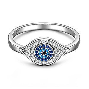 LOVGIFSET Evil Eye Ring Evil Eye Rings for Women Sterling Silver Greek Turkish Blue Eyes Blue Sapphire Protection Mal De Ojo Greek Nazar Amulet Jewelry Size 7