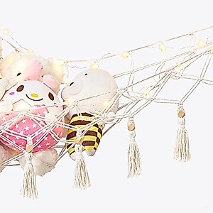 Dahey Stuffed Animal Storage Net Hammock with String Light Wall Corner Hanging Toys Storage Organizer Plush Net Toy Holder Hammock Macrame Tassels Boho Decor for Nursery Kid Playroom Bedroom