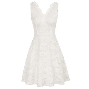 Women V-neck Lace Sleeveless Pocket Dress Swing A-Line Wedding Bridesmaid Cocktail Party Midi Dresses White L