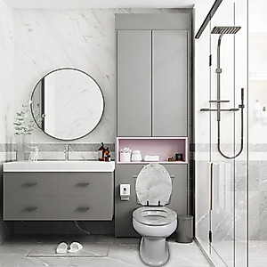 Round Marble Toilet Seat Natural Wood Toilet Seat with Zinc Alloy Hinges, Easy to Install also Easy to Clean, Anti-pinch Wooden Toilet Seat by Angol Shiold (Round, Gray)