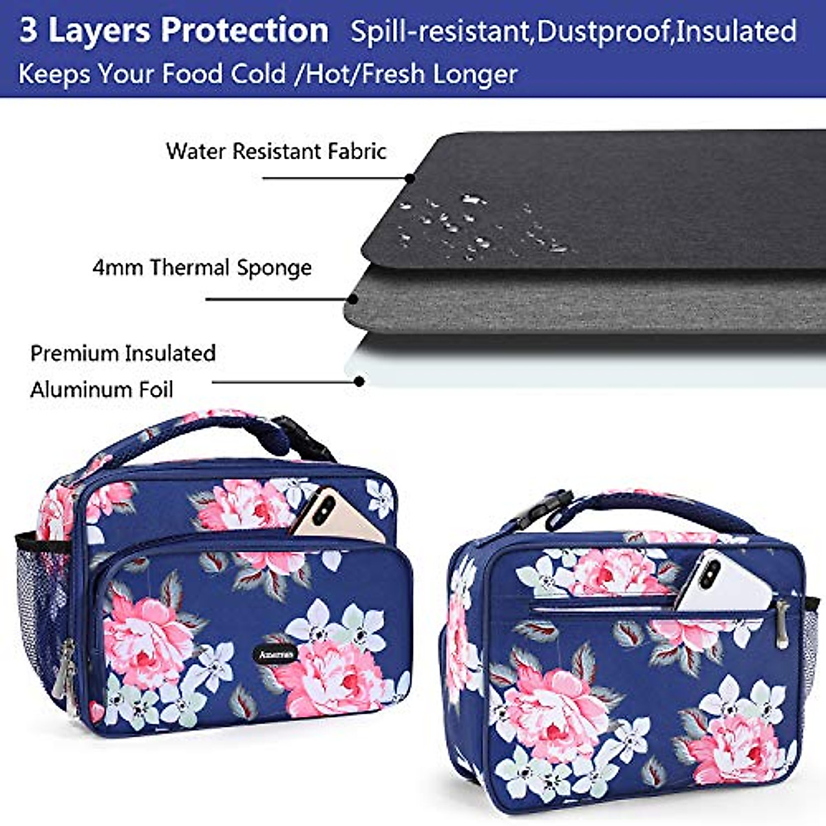 Amersun Kids Lunch Bag, Insulated School Lunch Bag with Padded Liner Keeps Food Warm Cold Longer Time,Thermal Travel Office Lunch Cooler for Teen Girls-2 Pocket,Blue Rose