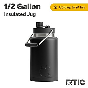 RTIC Jug with Handle, Half Gallon, Black Matte, Large Double Vacuum Insulated Water Bottle, Stainless Steel Thermos for Hot & Cold Drinks, Sweat Proof, Great for Travel, Hiking& Camping