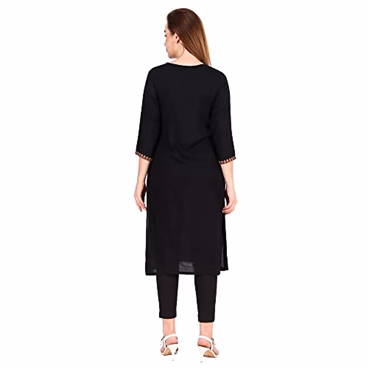 ladyline Womens Rayon Slub Embroidered Kurti Tunic Kurta Slits Embroidery (Black-44)