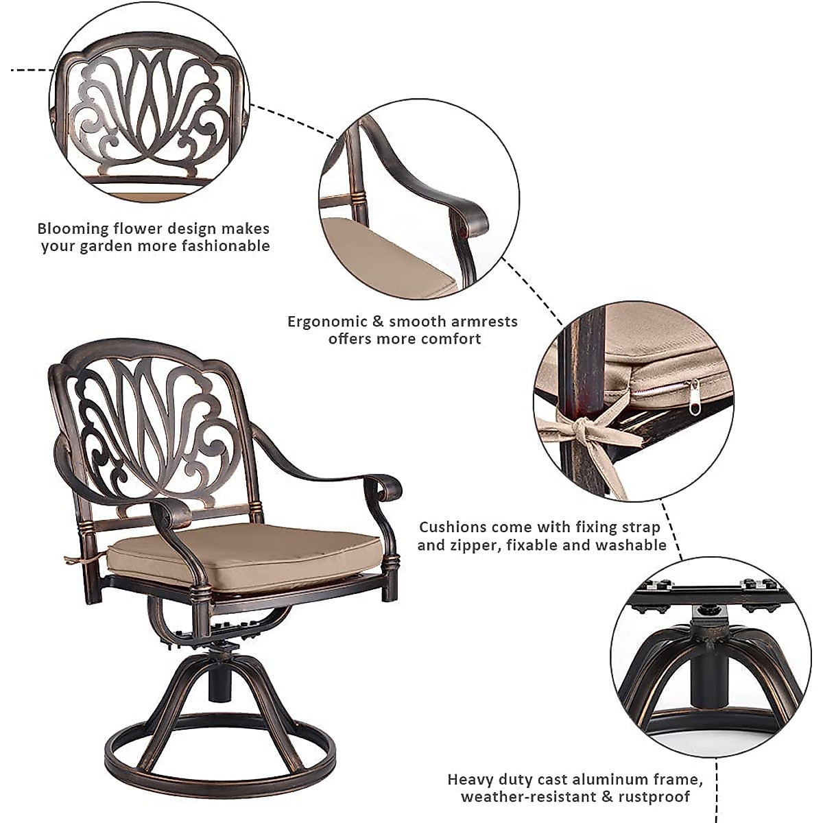 TITIMO 7 Piece Cast Aluminum Patio Dining Set, Outdoor Dining Furniture Patio Table and Chairs Set,6 Floral Pattern Swivel Rocker Chairs with Cushions (Khaki)