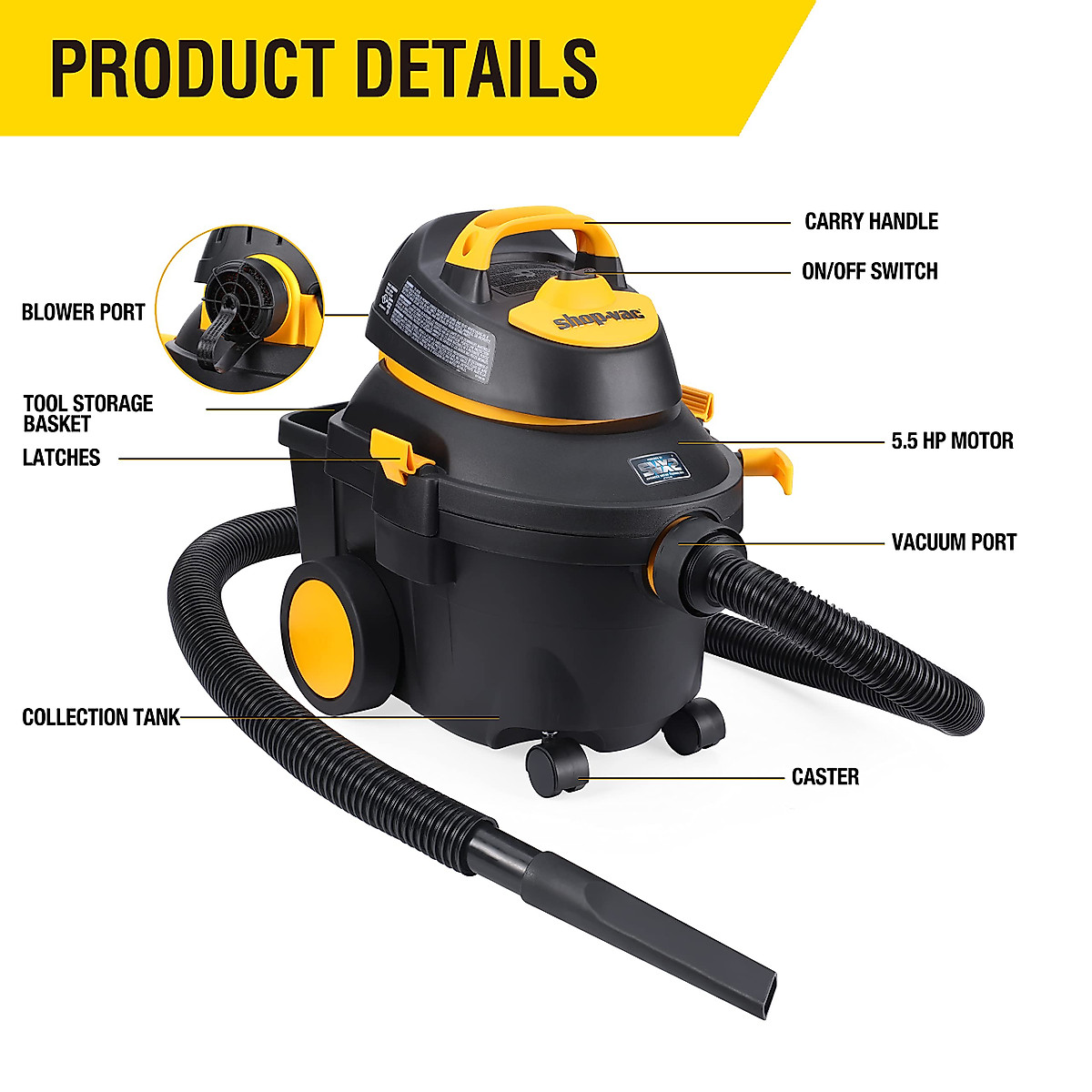 Shop-Vac 4 Gallon 5.5 Peak HP Wet/Dry Utility Vacuum with SVX2 Motor Technology, 3 in 1 Function Portable Shop Vacuum with Cart, Attachments, 5914000
