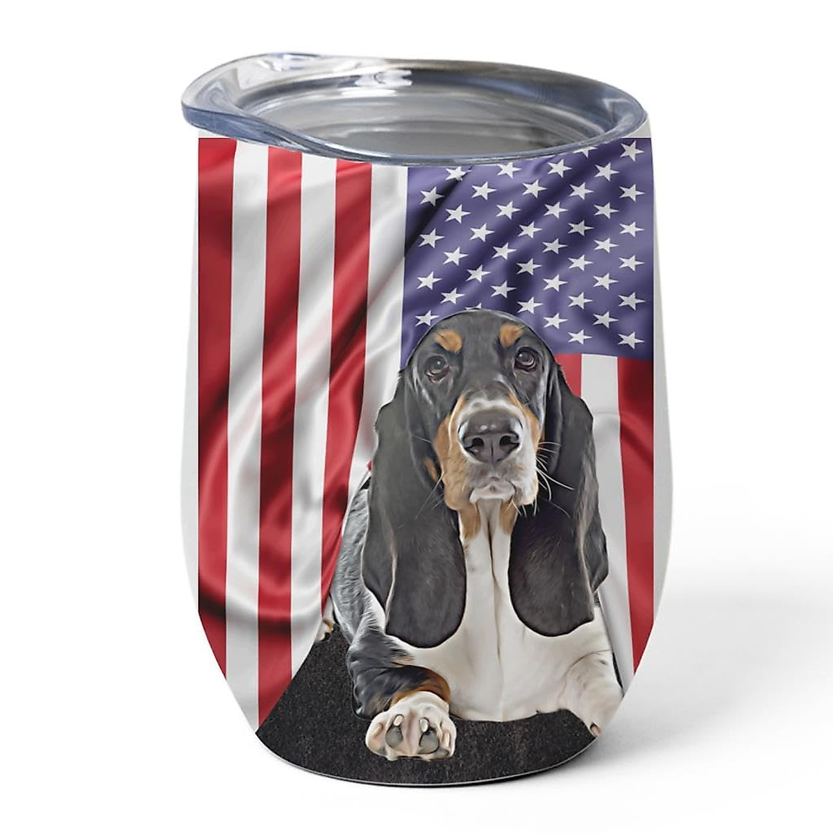 Tricolor Basset Hound Patriotic Tumbler 12oz Stainless Steel Vacuum Insulated Cup With Lid - American Flag Themed Design Gifts for Dog Lovers