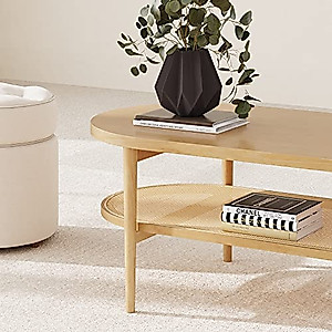 Nathan James Sonia Coffee Table with Storage Shelf, Light Wood/Rattan