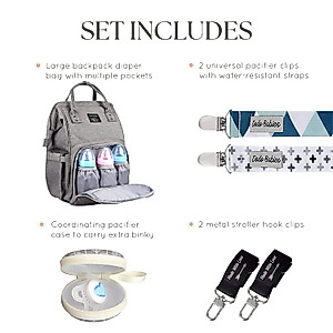 Dodo Babies Diaper Bag Backpack Set - Insulated & Waterproof Pockets - Plus Two Pacifier Clips, Binky Case & Stroller Straps (Teal/Grey)