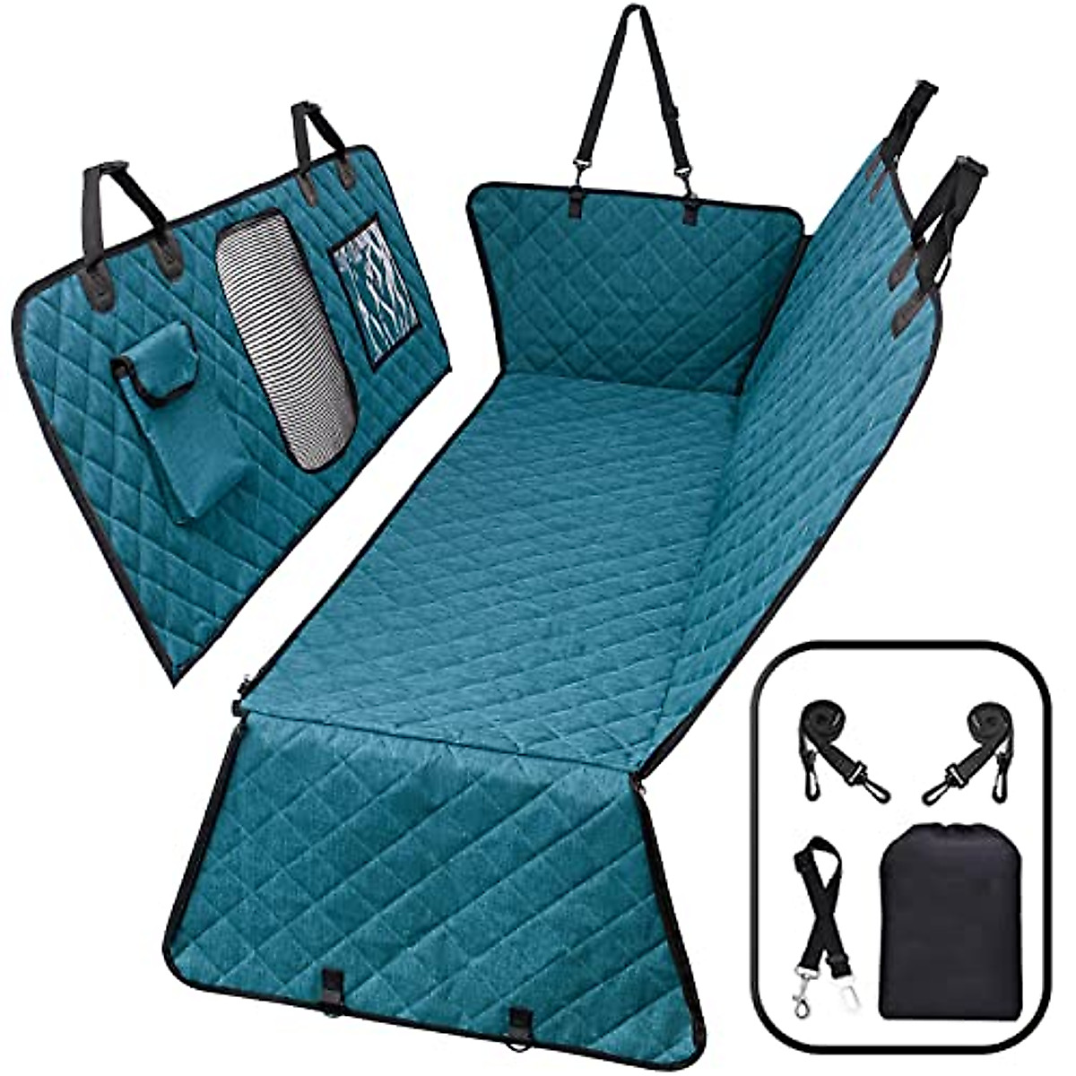 SEVVIS Dog Car Seat Cover-Back Seat Dog Cover for Car Include Mesh Visual Window and Pet Seat Belt-Hammock Scratchproof Pet Seat Cover for Cars SUVs Trucks Jeep