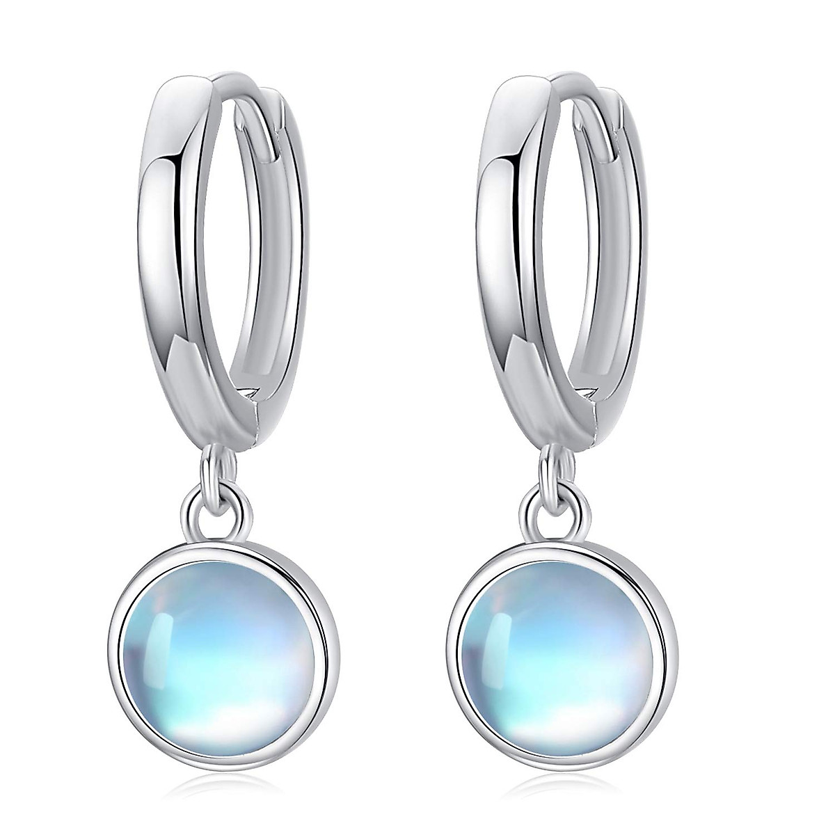 Cuoka Round Moonstone Earrings 925 Sterling Silver Small Moonstone Bead Hoop Earrings Rainbow Moonstone Dangle Earrings Jewelry for Women Mom