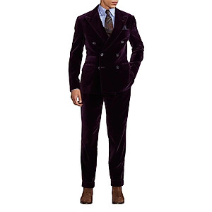 Men's Slim Fit Velvet Blazer Tuxedo 2 Piece Double Breasted Suits for Wedding Prom Grey Size M