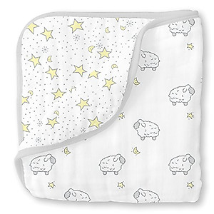 SwaddleDesigns 4-Layer Cotton Muslin Luxe Blanket, Baby and Toddler Cuddle and Dream, 46x46 inches, Sterling Little Lambs and Twinkle Stars