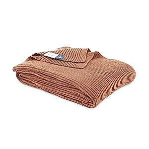 berkshire Ribbed Organic Cotton Knit Throw | All-Season Ribbed Organic Cotton Knitted Throw | Cashew | Throw (50" x 70")