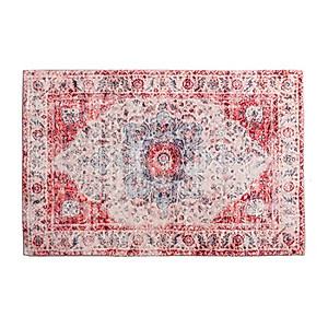 GEVES Beige Red Area Rug Distressed Oriental 2x3 Boho Entryway Rugs for Bedroom Kitchen Bathroom Decor Doormat Washable Indoor Use Non-Slip Rubber Backing