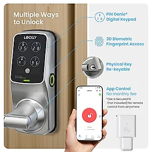Lockly Secure Pro, Wi-Fi Smart Door Lock, Keyless Entry Door Lock, PIN Genie® Keypad, 3D Biometric Fingerprint Sensor, Voice Control, Auto Lock - Satin Nickel (PGD628WSN) - Latch Edition