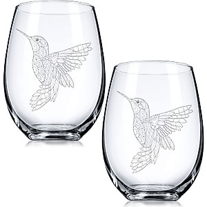 Mimorou 2 Pieces Hummingbird Stemless Wine Glass 17 oz Hummingbird Themed Gifts for Christmas, Valentine's Day, Birthdays, Anniversaries, Retirement, Mother's Day, Father's Day