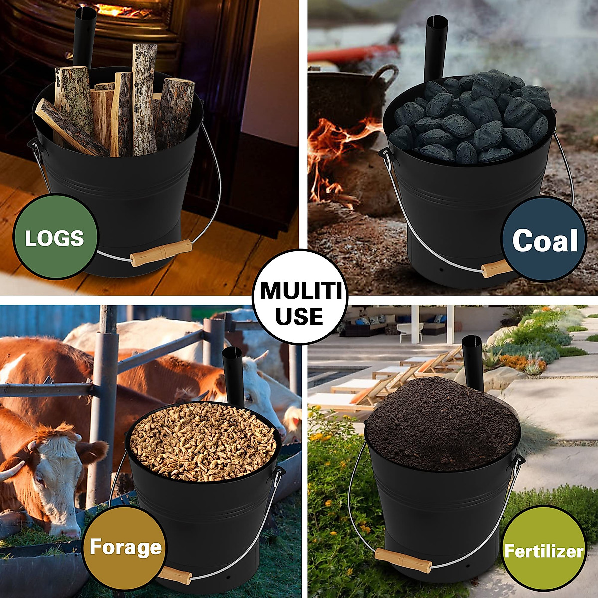 JWX Ash Bucket, Ash Set Keep Your Fireplace Clean and Safe Includes Shovel, Lid, Heat-Resistant Gloves, and Coconut Fiber Brush