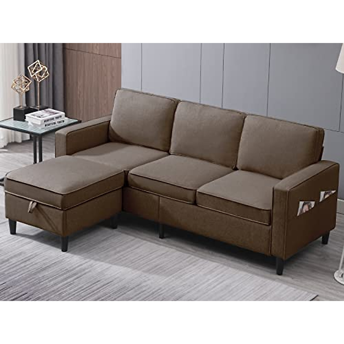 Horgaeo Convertible Sectional Sofa Couch, 3-Seat L-Shaped Couch with Storage Ottoman, Wooden Sofa Legs Modern Linen Fabric Reversible Chaise for Living Room, Bedroom, Apartment (Coffee), 78'' W