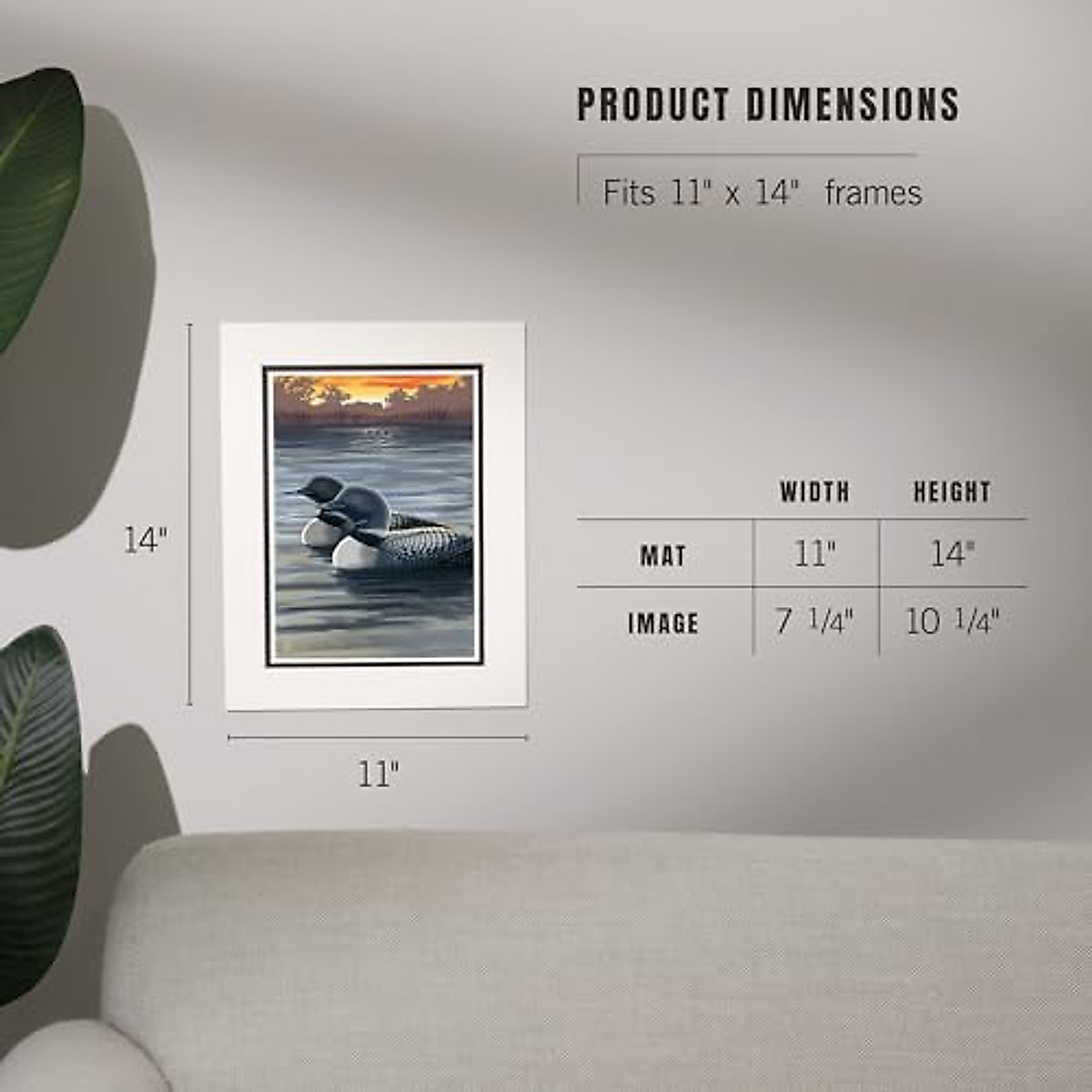 Lantern Press 11x14 Inch Matted Art Print Wall Decor, Loons and Lake at Sunset