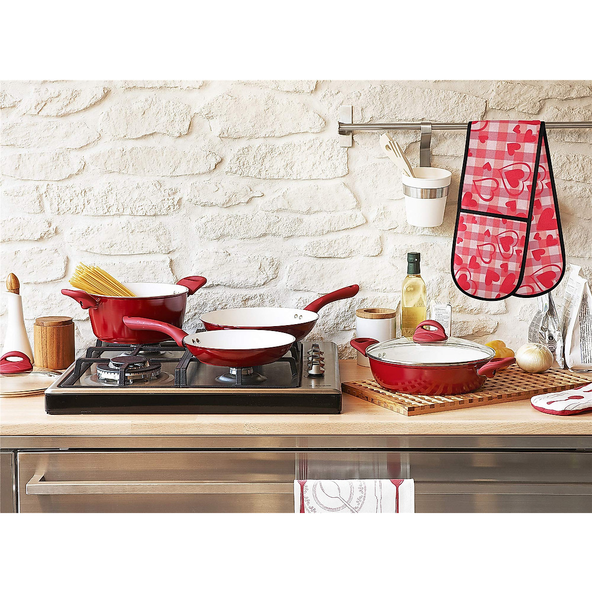 Valentines Mother's Day Double Oven Mitt 7 X 35 in Plaid Hearts Love Oven Gloves Mitts Heat Insulation Home Kitchen Cooking for Pot Holder BBQ Grilling Baking Decor Gifts