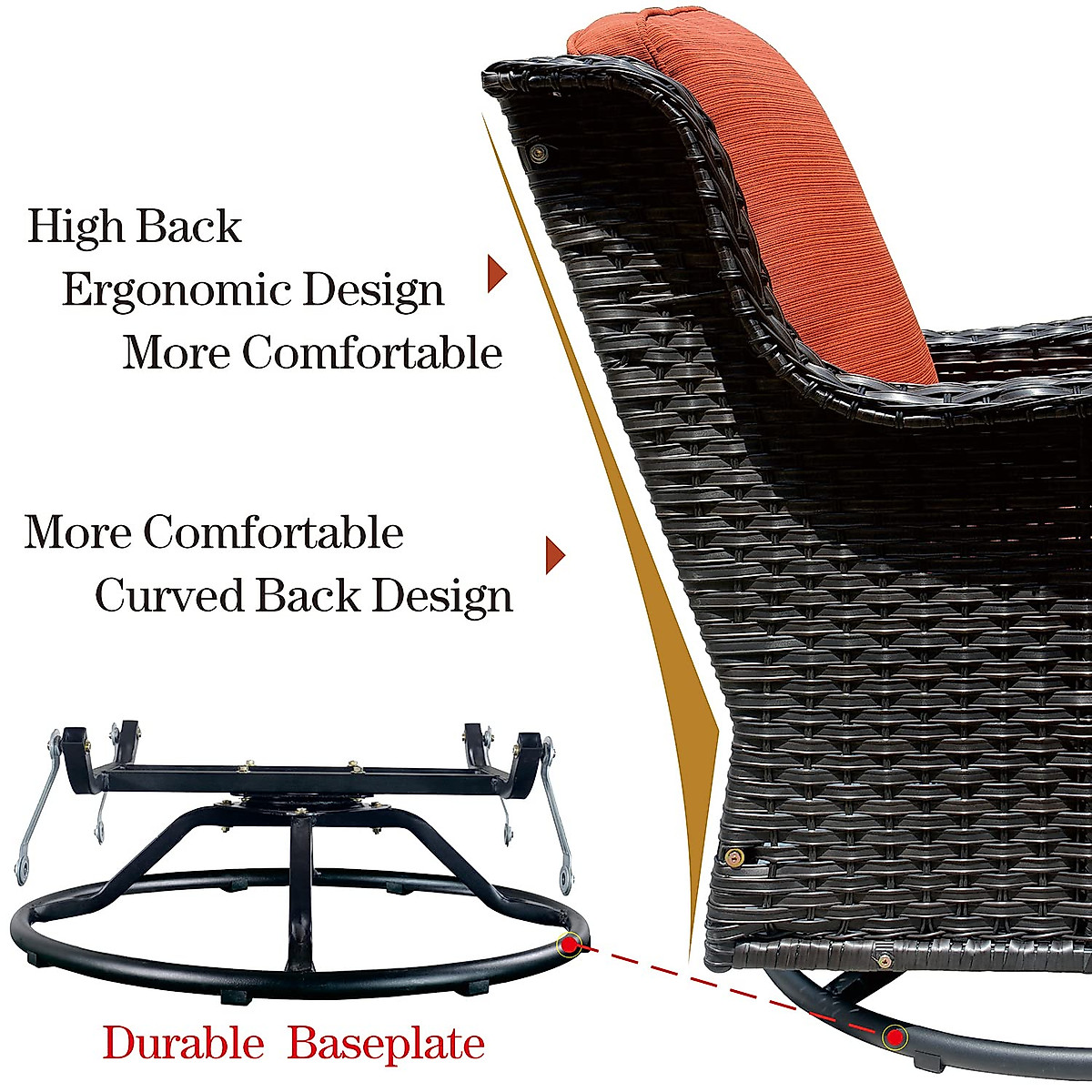 Patio Furniture Set 7 Pieces Swivel Rocking Chairs with 50,000 BTU Propane Fire Pit Table Outdoor Wicker Conversation Sofa Couch and Matching Side Table and Ottomans,Brown Wicker Orange Red