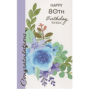 Bella Greetings Happy 80th Birthday Card (Age 80) - Congratulations and Best Wishes for a Fabulous 80th Birthday! Enjoy Your Day! - Blue and Purple Flowers